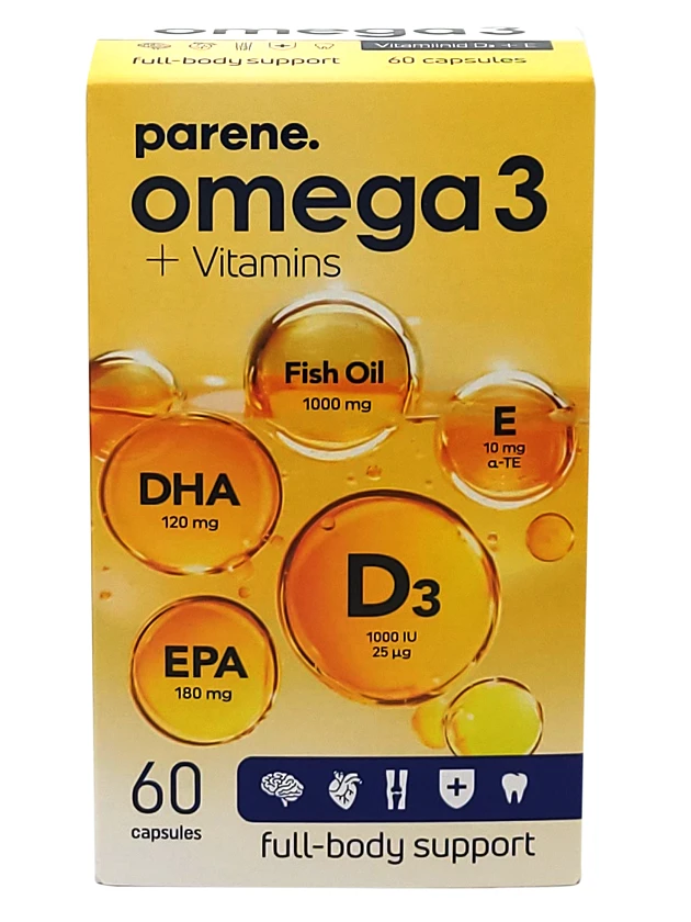 Omega-3 + vitamīni D3+E, 60 kapsulas - InternetAptieka.lv