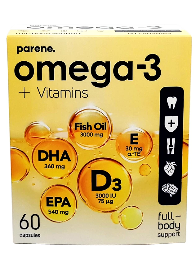 Omega-3 + vitamīni D3+E, 60 kapsulas - InternetAptieka.lv