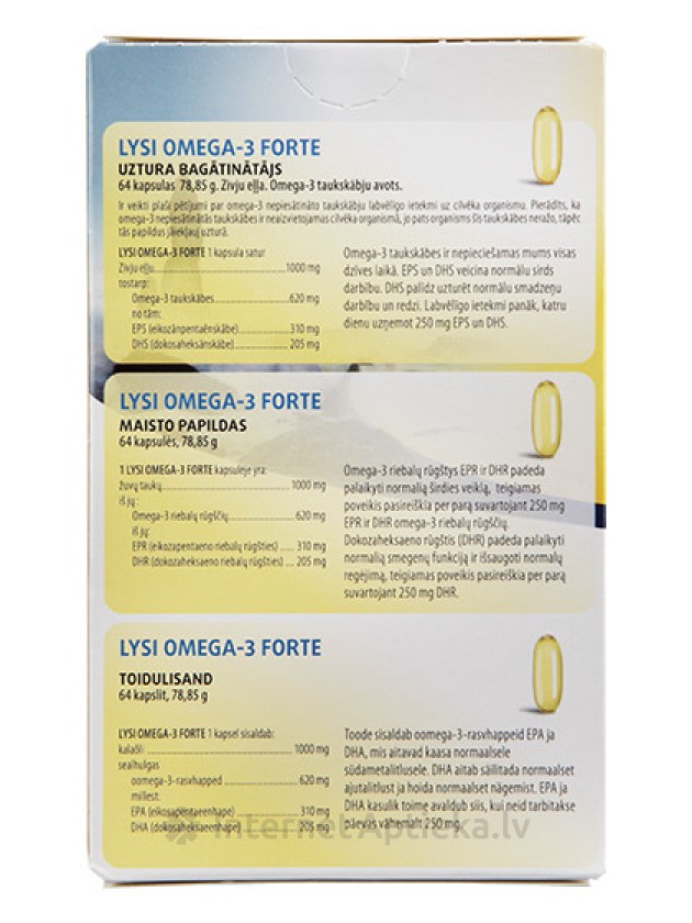 Lysi Omega-3 Forte zivju eļļa, 1000 mg, 64 kapsulas