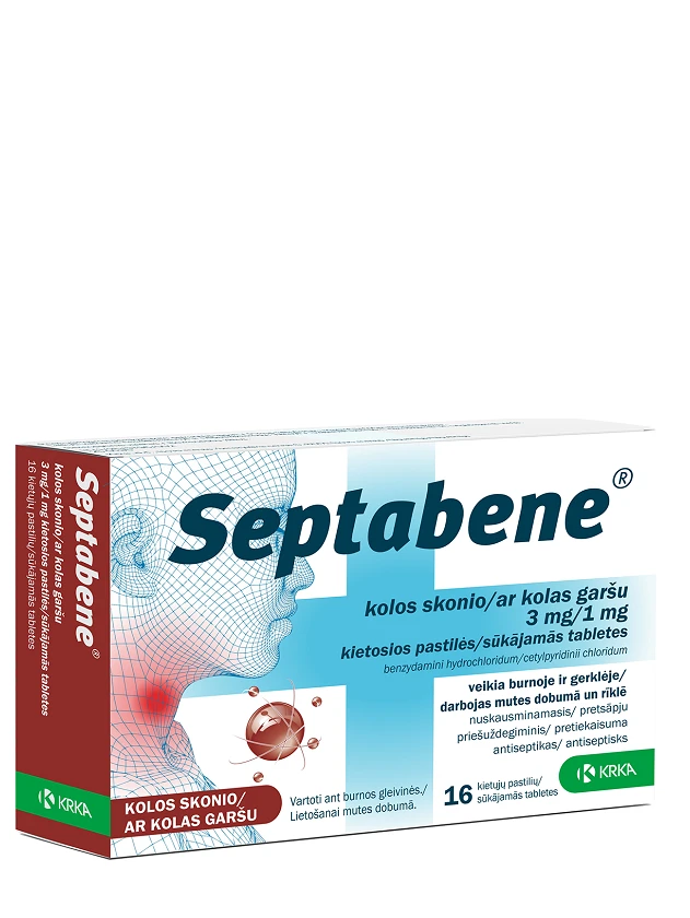 Septabene ar kolas garšu 3 mg/1 mg, 16 sūkājamās tabletes