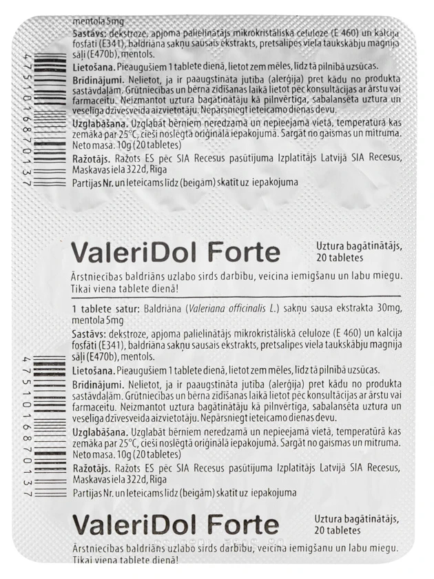 VALERIDOL Forte tabletes , 20 gab. - InternetAptieka.lv